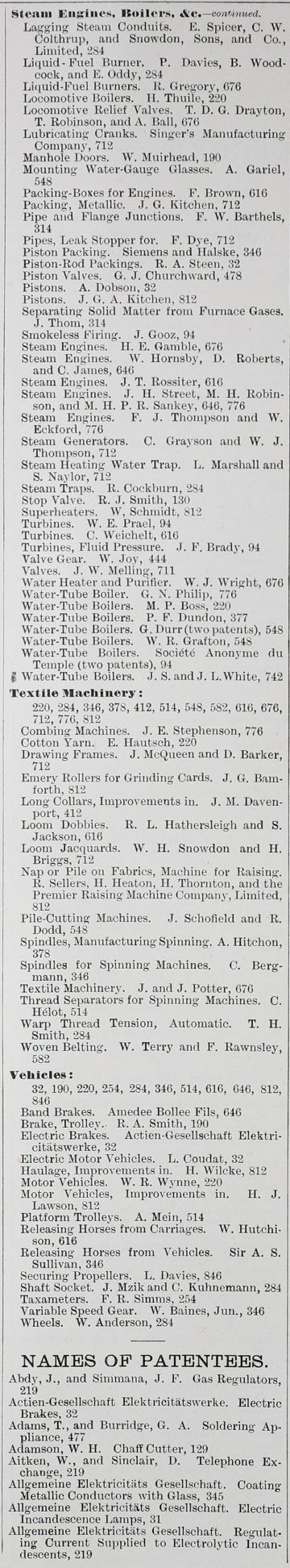 Engineering 1899 Jul-Dec: Index: Patent Record - Graces Guide