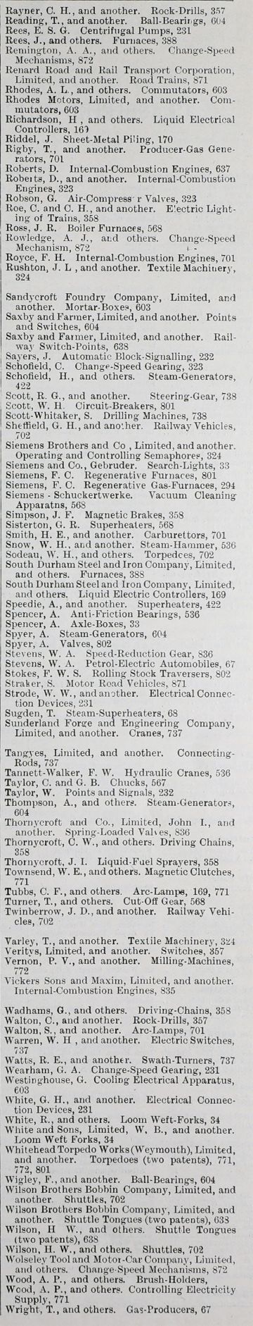 Engineering 1908 Jan-Jun: Index: Patent Record - Graces Guide