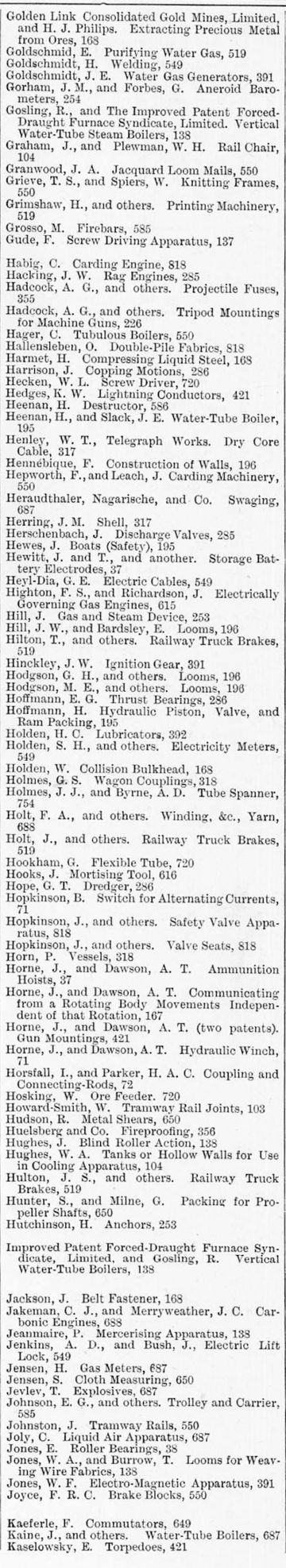 Engineering 1900 Jul-Dec: Index: Patent Record - Graces Guide