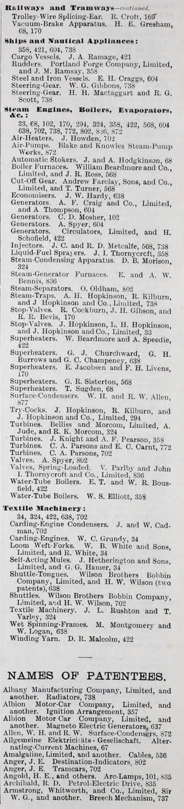 Engineering 1908 Jan-Jun: Index: Patent Record - Graces Guide